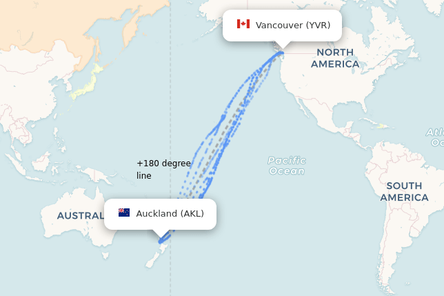 Actual flight paths from Auckland to Vancouver - flightpaths.com