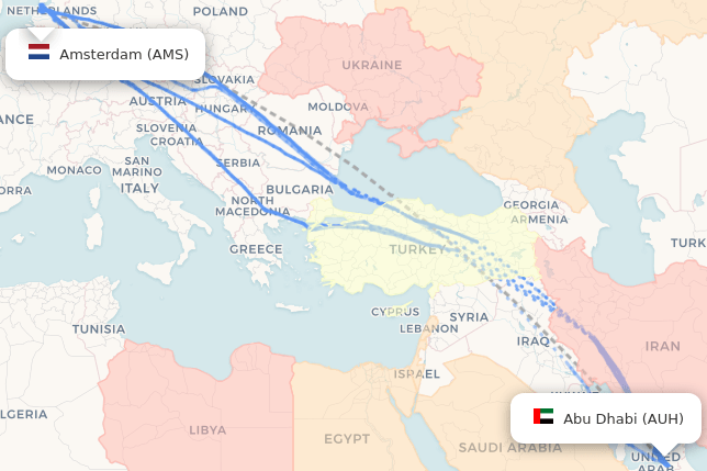 Actual flight paths from Amsterdam to Abu Dhabi - flightpaths.com