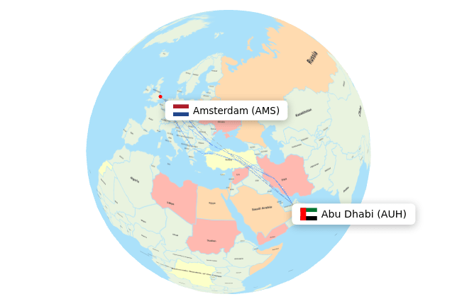 Actual flight paths from Amsterdam to Abu Dhabi - flightpaths.com