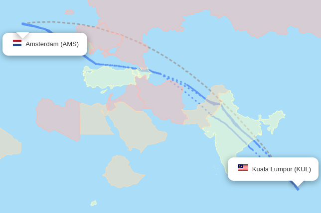 Actual flight paths from Amsterdam to Kuala Lumpur - flightpaths.com