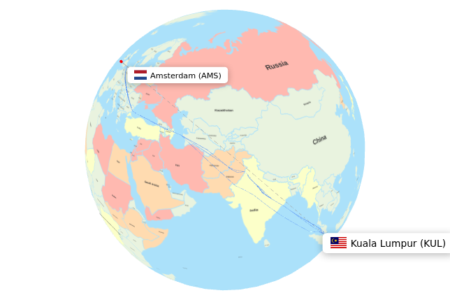 Actual flight paths from Amsterdam to Kuala Lumpur - flightpaths.com