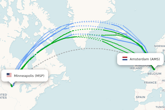 Actual flight paths from Amsterdam to Minneapolis - flightpaths.com