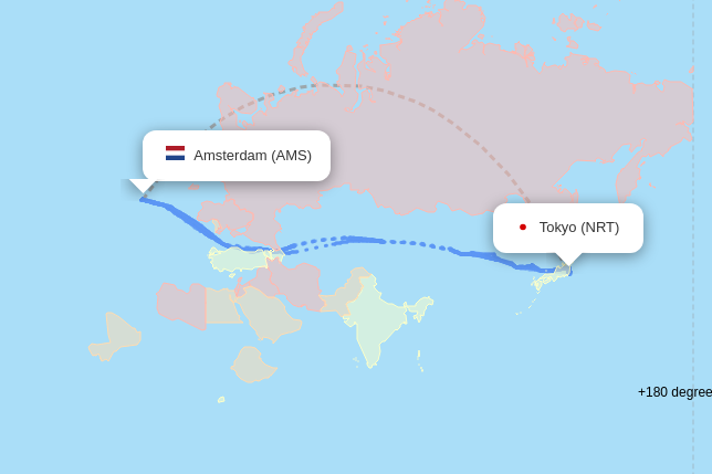 Actual flight paths from Amsterdam to Tokyo - flightpaths.com