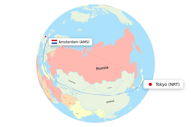 Actual flight paths from Amsterdam to Tokyo - flightpaths.com