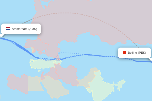 Actual flight paths from Amsterdam to Beijing - flightpaths.com