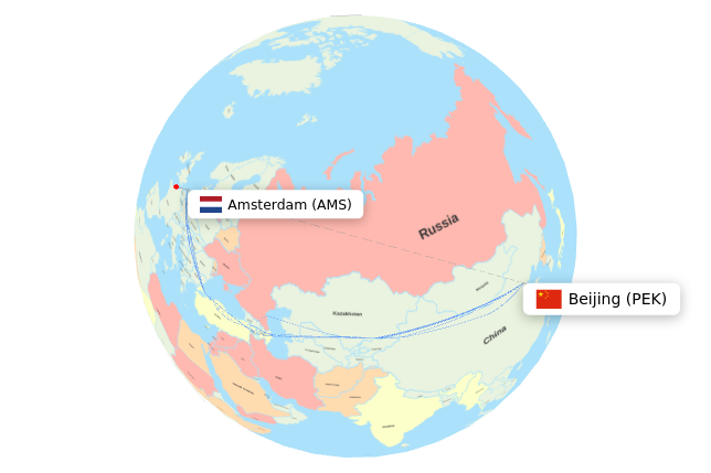 Actual flight paths from Amsterdam to Beijing - flightpaths.com