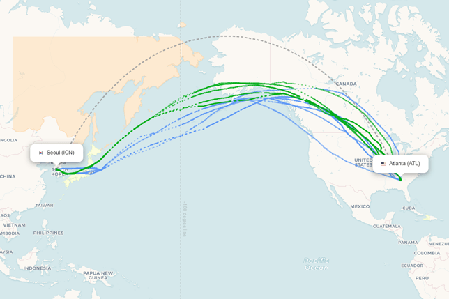 Actual flight paths from Atlanta to Seoul - flightpaths.com