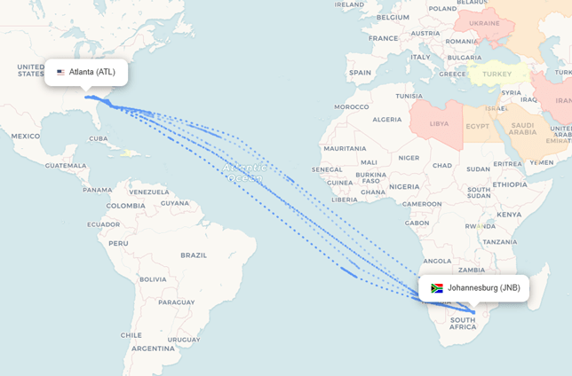 Actual flight paths from Atlanta to Johannesburg - flightpaths.com