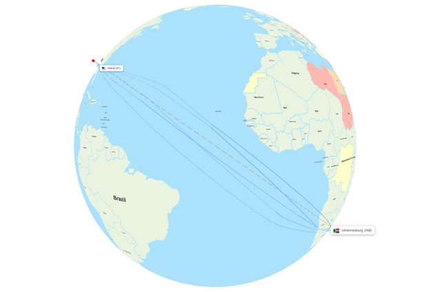 Actual flight paths from Atlanta to Johannesburg - flightpaths.com