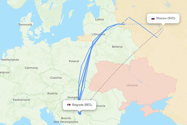 Actual flight paths from Belgrade to Moscow - flightpaths.com