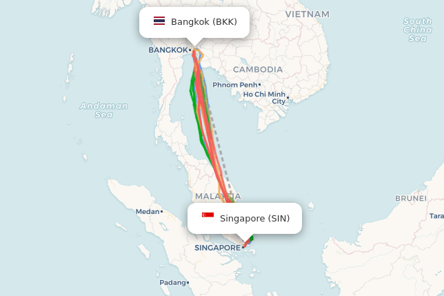 Actual flight paths from Bangkok to Singapore - flightpaths.com