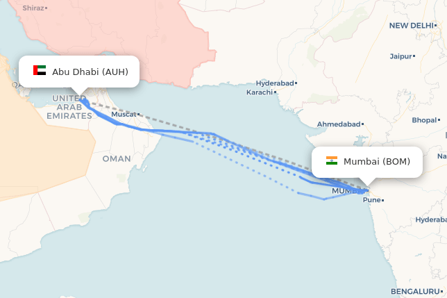 Actual flight paths from Mumbai to Abu Dhabi - flightpaths.com