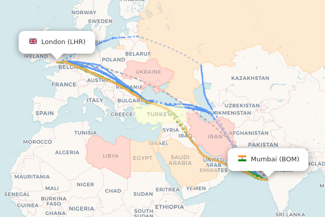 Actual flight paths from Mumbai to London - flightpaths.com
