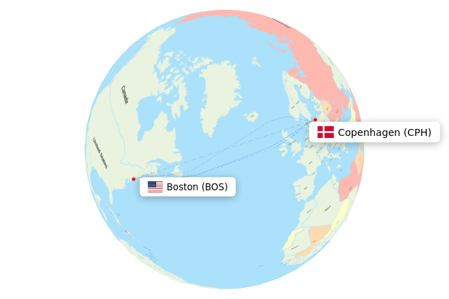 Actual flight paths from Boston to Copenhagen - flightpaths.com