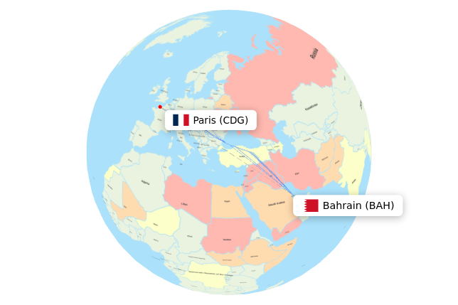 Actual flight paths from Paris to Bahrain - flightpaths.com