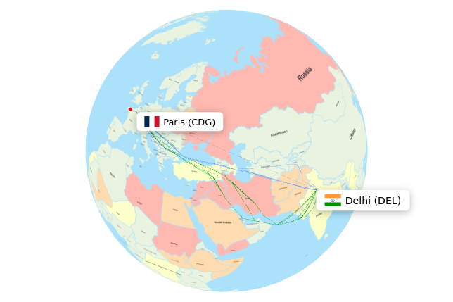 Actual flight paths from Paris to Delhi - flightpaths.com