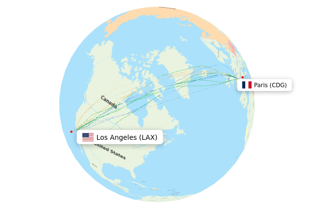 Actual flight paths from Paris to Los Angeles - flightpaths.com
