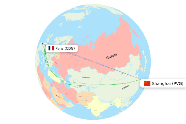 Actual flight paths from Paris to Shanghai - flightpaths.com