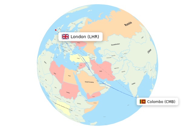 Actual flight paths from Colombo to London - flightpaths.com