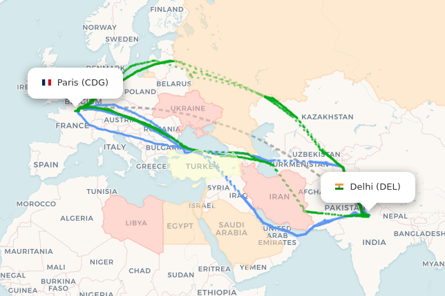 Actual flight paths from Delhi to Paris - flightpaths.com