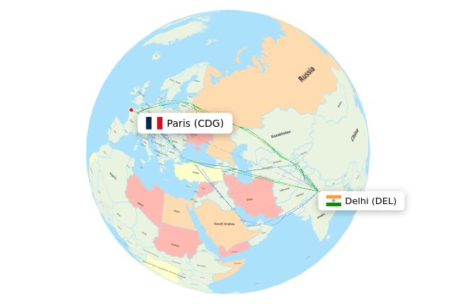 Actual flight paths from Delhi to Paris - flightpaths.com