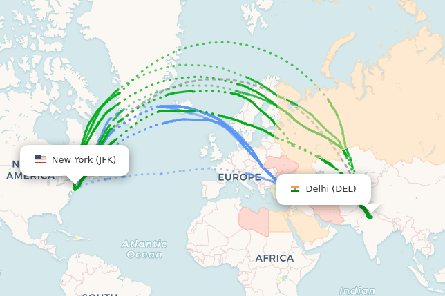 Actual flight paths from Delhi to New York - flightpaths.com