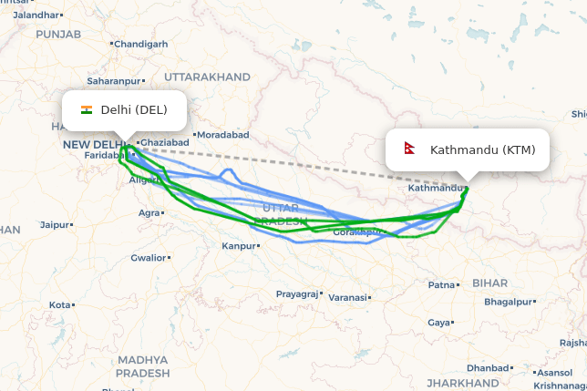 Actual flight paths from Delhi to Kathmandu - flightpaths.com
