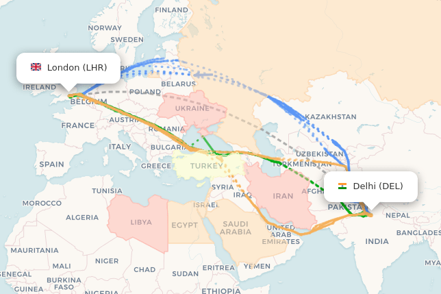 Actual flight paths from Delhi to London - flightpaths.com