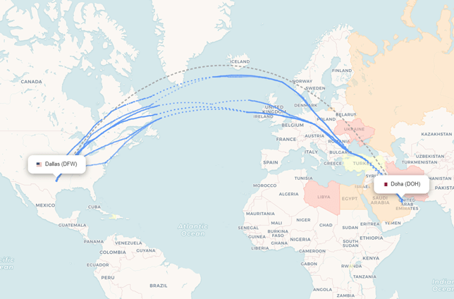 Actual flight paths from Dallas to Doha - flightpaths.com