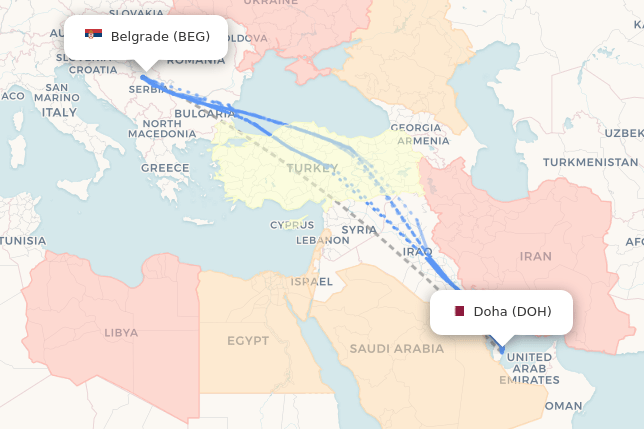 Actual flight paths from Doha to Belgrade - flightpaths.com