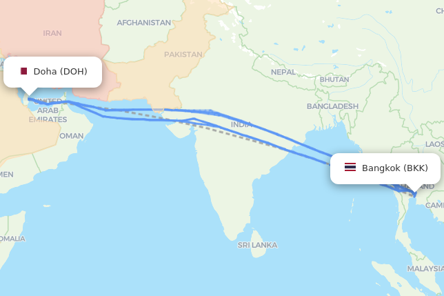Actual flight paths from Doha to Bangkok - flightpaths.com