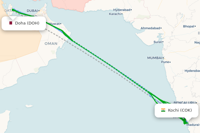 Actual flight paths from Doha to Kochi - flightpaths.com