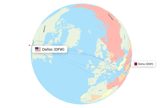 Actual flight paths from Doha to Dallas - flightpaths.com