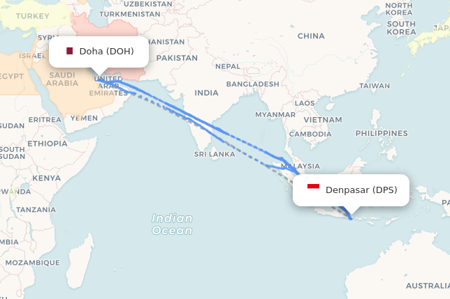 Actual flight paths from Doha to Denpasar - flightpaths.com