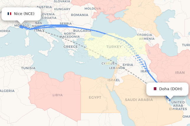Actual flight paths from Doha to Nice - flightpaths.com