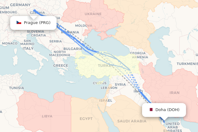 Actual flight paths from Doha to Prague - flightpaths.com