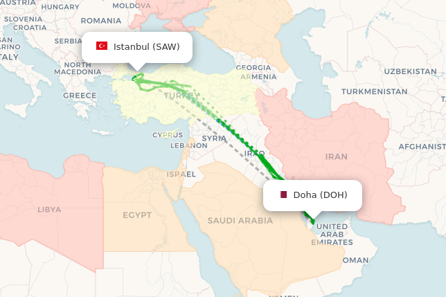 Actual flight paths from Doha to Istanbul - flightpaths.com