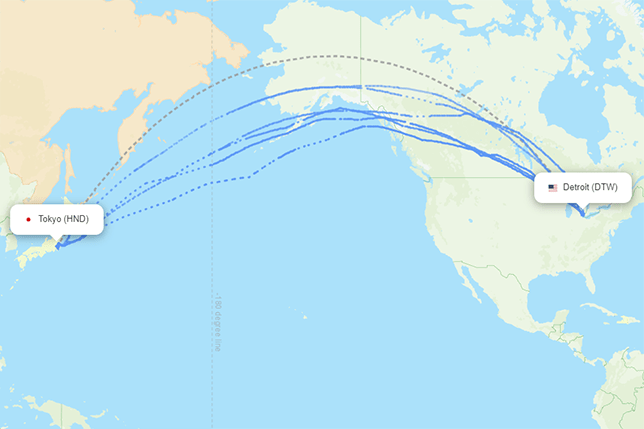 Actual flight paths from Detroit to Tokyo - flightpaths.com