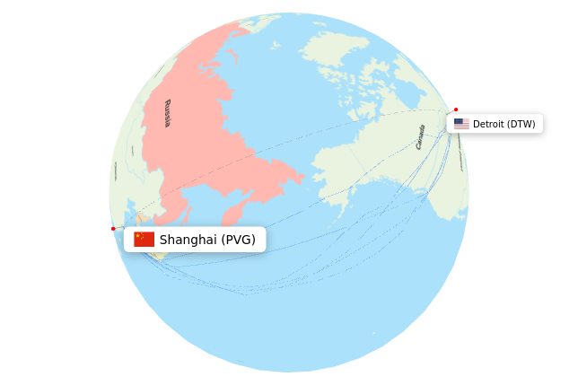 Actual flight paths from Detroit to Shanghai - flightpaths.com