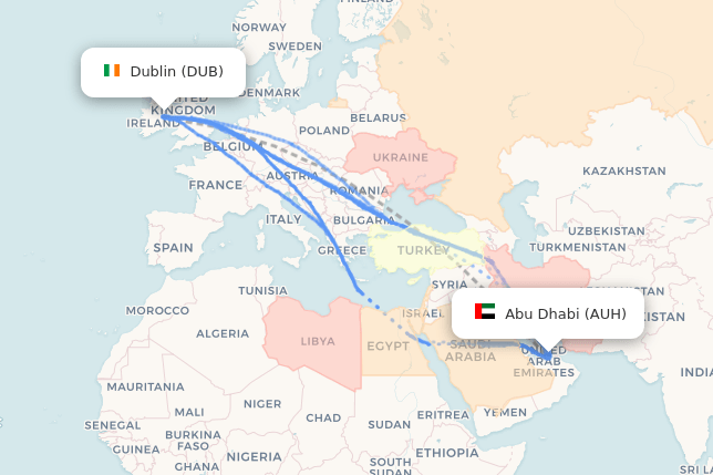 Actual flight paths from Dublin to Abu Dhabi - flightpaths.com