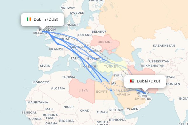 Actual flight paths from Dublin to Dubai - flightpaths.com
