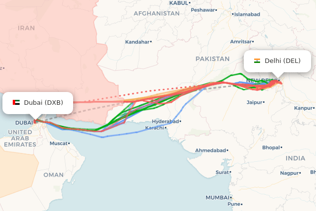 Actual flight paths from Dubai to Delhi - flightpaths.com