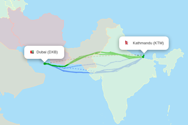 Actual flight paths from Dubai to Kathmandu - flightpaths.com