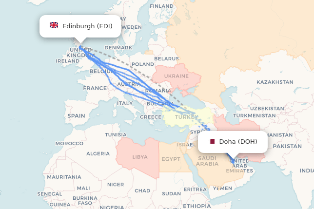 Actual flight paths from Edinburgh to Doha - flightpaths.com