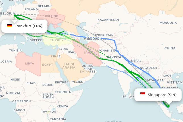 Actual flight paths from Frankfurt to Singapore - flightpaths.com
