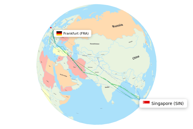 Actual flight paths from Frankfurt to Singapore - flightpaths.com