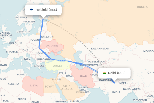 Actual flight paths from Helsinki to Delhi - flightpaths.com