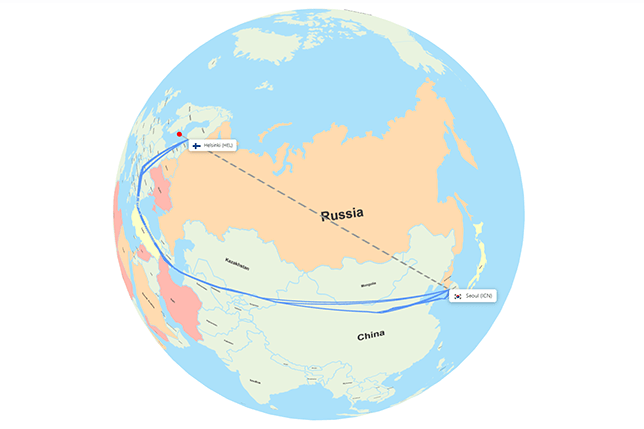 Actual flight paths from Helsinki to Seoul - flightpaths.com