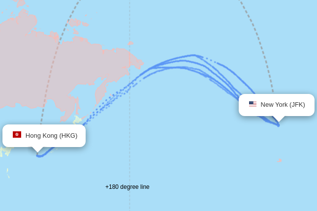 Actual flight paths from Hong Kong to New York - flightpaths.com