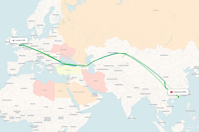 Actual flight paths from Hong Kong to London - flightpaths.com